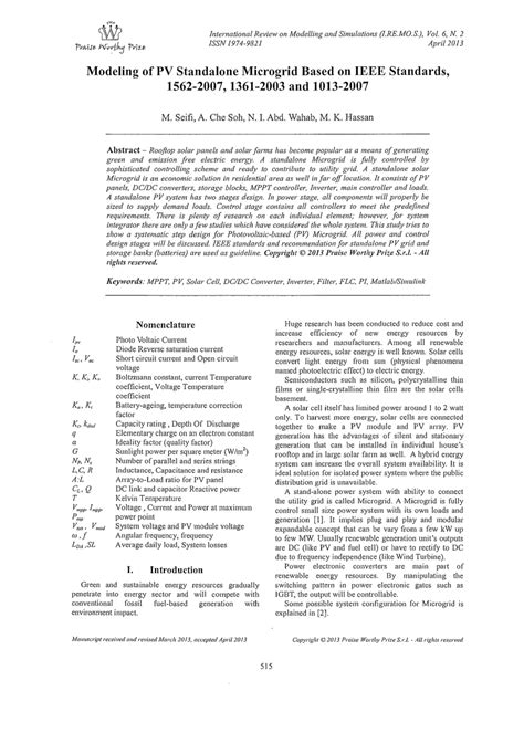 PDF Modeling Of PV Standalone Microgrid Based On IEEE Standards