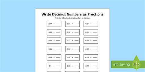 Year 5 Write Decimal Numbers As Fractions Worksheet Worksheets