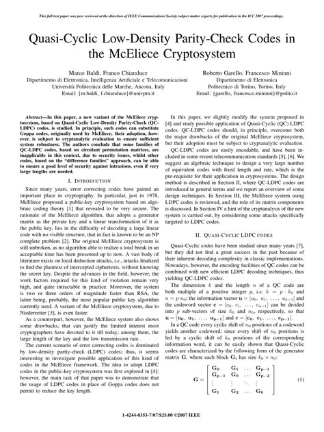 Pdf Quasi Cyclic Low Density Parity Check Codes In The Mceliece Cryptosystem