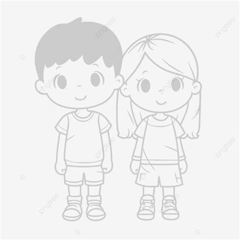 색칠하기 위해 나란히 서 있는 두 아이 벡터 기본 간단한 귀여운 만화 함께 개요 흰색 배경에 고립 어린이 색칠 페이지 Png 일러스트 및 벡터 에 대한 무료 다운로드