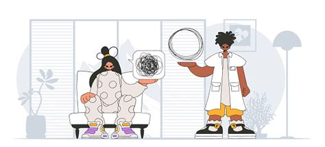 주제 도움말 절망감과 절망감에 사로 잡힌 사람 심리학자는 얽힌 생각을 풀어냅니다 환자는 자신의 생각의 혼란의 바다에서 길을 잃은 것을 보여줍니다 감정에 대한 스톡 벡터 아트