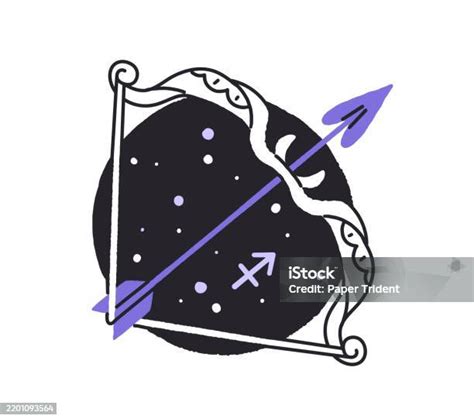 궁수자리 조디악 로그인 서클 아바타 활과 화살 모양의 별자리 윤곽선 별 별자리 기호 둥근 아이콘입니다 점성술 달력 흰색에 평면 절연 벡터 일러스트 레이 션 0명에 대한 스톡