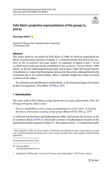 pdf felix klein s projective representations of the groups s 6
