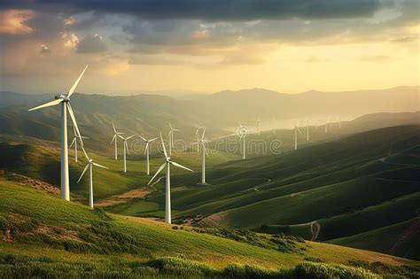 A Visually Striking Panoramic Image Of A Large Wind Farm Showcasing