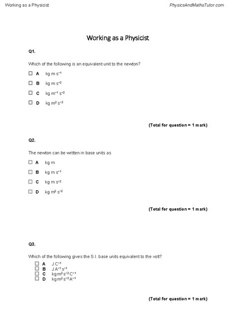 Physics Hl All Topics Practise Sheet Working As A Physicist Q1 Which