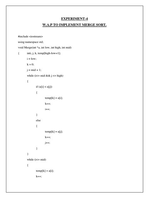 Experiment 4 Wap To Implement Merge Sort Pdf Computing Discrete