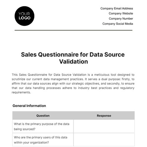 Free Sales Questionnaire For Data Source Validation Template To Edit Online