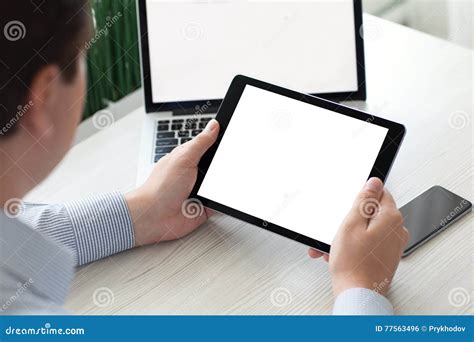 Man Holding Tablet Computer With Isolated Screen Notebook Phone Stock Photo Image Of Gadget