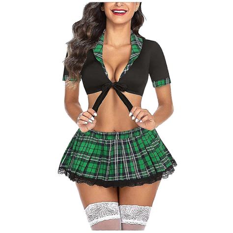 Sexy Schoolgirl Outfit Compatible Women Two Piece Cropped Tops Pleated