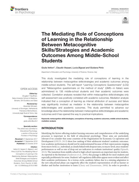 Pdf The Mediating Role Of Conceptions Of Learning In The Relationship Between Metacognitive
