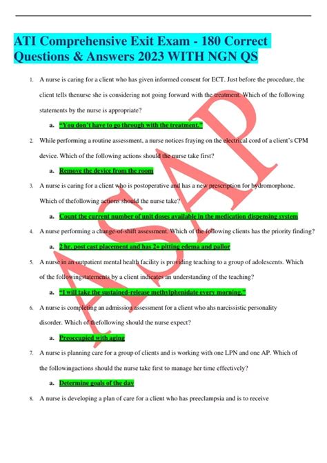 ATI Comprehensive Exit Exam 180 Correct Questions Answers 2023 WITH NGN QS ATI