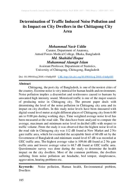 Pdf Determination Of Traffic Induced Noise Pollution And Its Impact