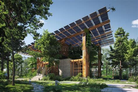 modern eco friendly structure with solar panels integrated into wooden design surrounded by