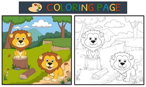 숲에서 사자와 색칠 페이지 또는 책 프리미엄 벡터