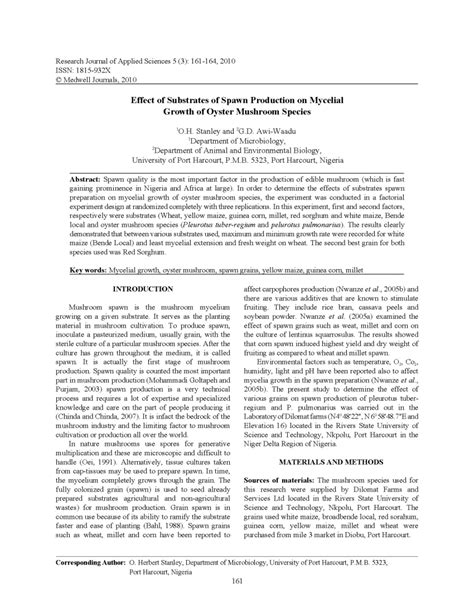 Pdf Effect Of Substrates Of Spawn Production On Mycelial Growth Of