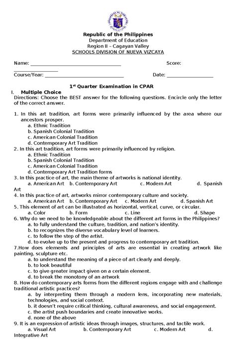 Cpar Exam Tos Based Quarter 1 P Republic Of The Philippines
