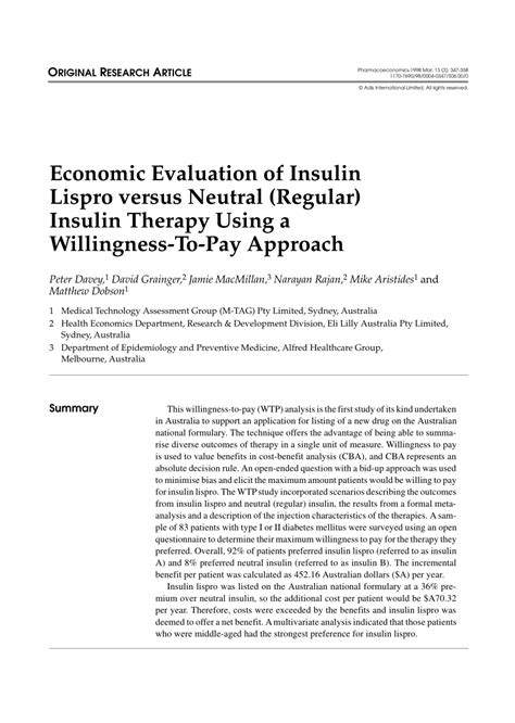 PDF Economic Evaluation Of Insulin Lispro Versus Neutral Regular Insulin Therapy Using A