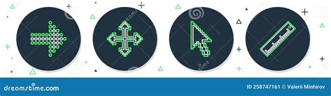 Set Line Pixel Arrows In Four Directions Cursor Dots And Ruler Icon Vector Stock Illustration