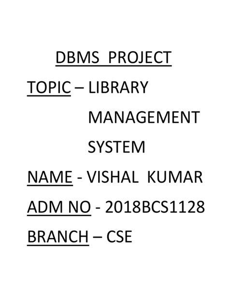 Dbms Project Topic Library Management System Name Vishal Kumar Adm