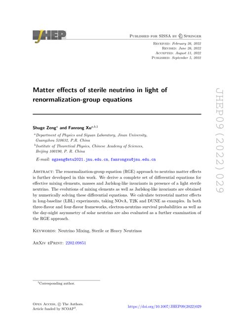 Pdf Matter Effects Of Sterile Neutrino In Light Of Renormalization Group Equations
