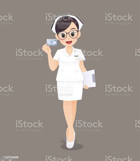 만화 여자 의사 또는 간호사 브라운 안경에 흰색 유니폼 들고 건강 보험 카드 갈색 배경 웃는 여성 간호 직원 문자 디자인에서 벡터 일러스트 레이 션 간호사에 대한 스톡 벡터