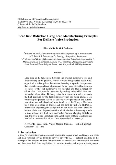 Pdf Lead Time Reduction Using Lean Manufacturing Principles For