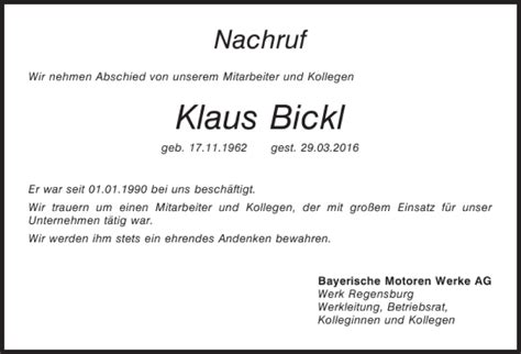 Traueranzeigen Von Klaus Bickl Mittelbayerische Trauer