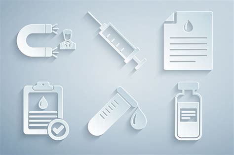 혈액 한 방울 클립 보드 테스트 의료용 바이알 앰플 주사기 및 고객 유치 아이콘으로 테스트 튜브를 설정하십시오 벡터 3차원 형태에 대한 스톡 벡터 아트 및 기타 이미지