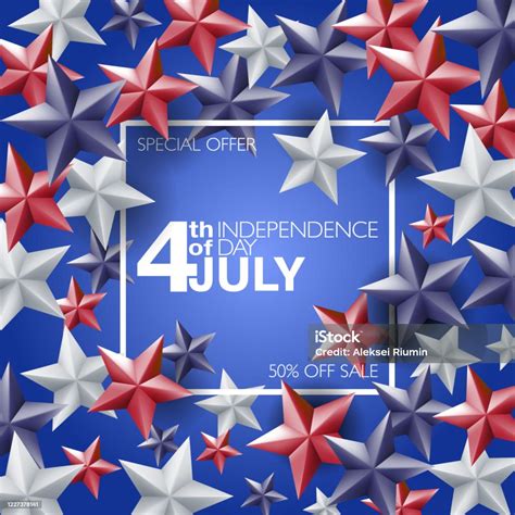 7 월 4 일 광장 광고 바우처 배너 카드 빨간색 흰색 및 파란색 현실적인 3d 별이있는 소셜 네트워크 게시물 0명에 대한 스톡 벡터 아트 및 기타 이미지 Istock