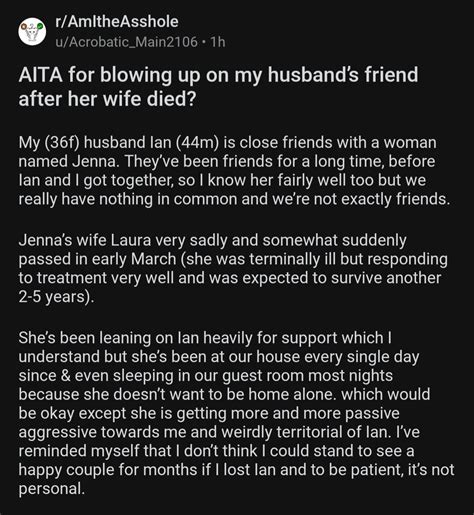Not Oop Aita For Blowing Up On My Husbands Friend After Her Wife Died