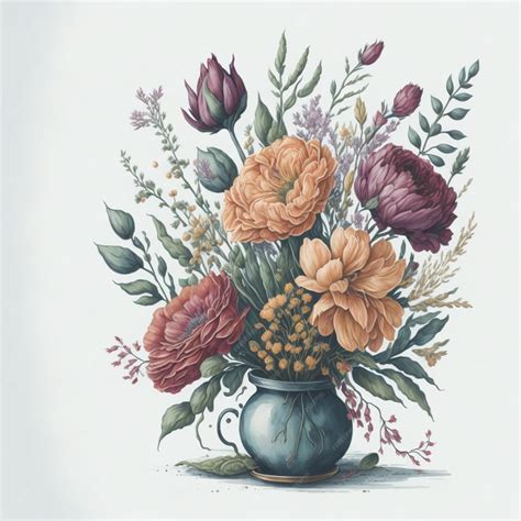 Ramo De Flores Vintage Con Flores De Primavera Y Hojas Por Invitación