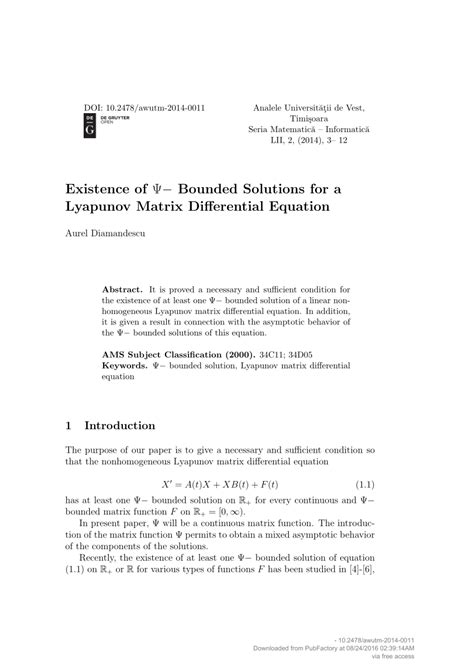 Pdf Existence Of Ψ Bounded Solutions For A Lyapunov Matrix Dierential