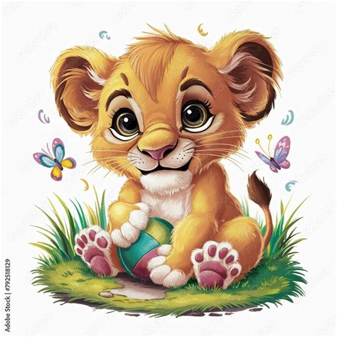 귀어운 아기 사자 놀고있는 사자 캐릭터 Stock 일러스트레이션 Adobe Stock