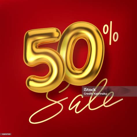50 할인 프로모션 판매 는 현실적인 3d 골드 풍선으로 만든 황금 풍선의 형태로 번호입니다 제품 광고 웹 배너 전단지 인증서 및 엽서용 템플릿입니다 벡터 일러스트레이션 3