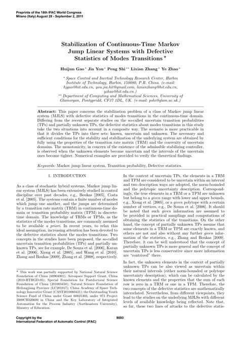 PDF Stabilization Of Continuous Time Markov Jump Linear Systems With Defective Statistics Of