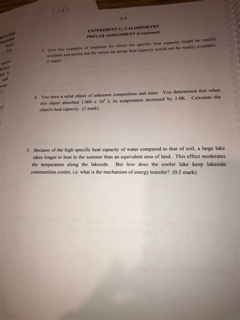 Solved Experiment G Calorimetry Prelab Assignment Name