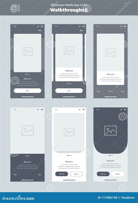 Wireframe Kit For Mobile Phone Mobile App UI UX Design New Walkthroughs Screens Stock Vector