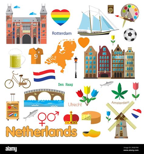 Netherlands Symbolics And Holland Travel Icons Isolated Set Stock