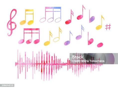 수채화 음악 음표와 이퀄라이저 웨이브를 스케치 스타일로 표현합니다 흰색에 격리로 설정합니다 다양한 색상의 음악 요소 음파 오디오 신호 음성 녹음 디자인을 위한 손으로 그린