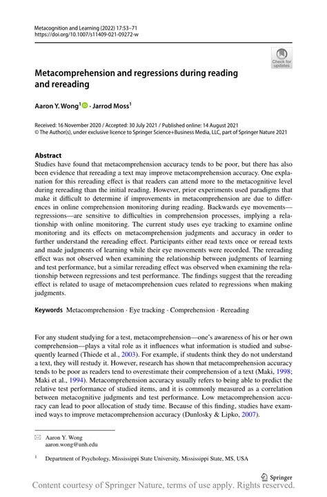 Metacomprehension And Regressions During Reading And Rereading Request Pdf
