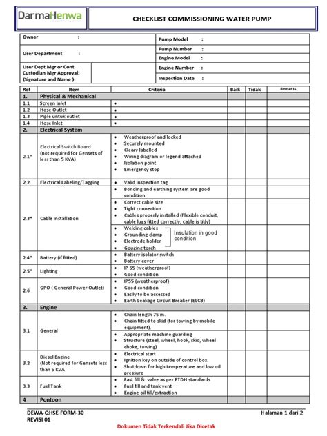 Dewa Qhse Form 30 Checklist Commisioning Water Pump Pdf Power Engineering Electric Power