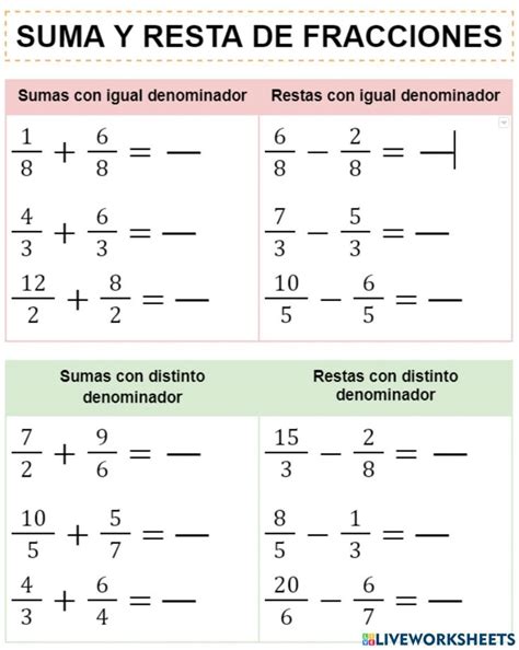 Suma Y Resta De Fracciones Online Worksheet For 5 Math Fractions