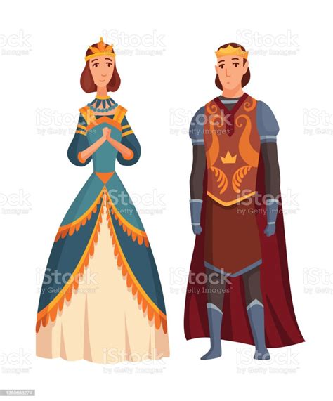 흰색 배경에 중세 왕과 여왕 만화 중세 역사적 기간 의상을 입고 서 있는 중세 왕국 캐릭터 공주에 대한 스톡 벡터 아트 및 기타 이미지 Istock