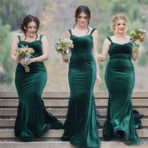 Vintage 2017 Hunter Green Velvet Mermaid Bridesmaid Dresses Long Cheap Spaghetti Plus Size Maid