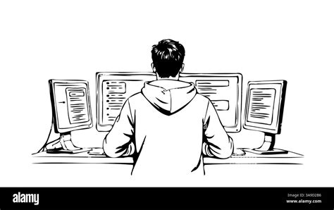 Developer Works Computers Back View Programmer Coding It Business