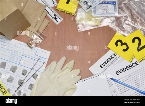Paperwork During Crime Scene Investigation Process In Csi Laboratory Evidence Labels With