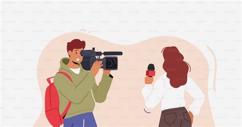 카메라 녹음을 하는 비디오그래퍼 또는 카메라맨 캐릭터 여성 기자 또는 Tv 기자가 마이크를 들고 속보를 발표합니다 매스 미디어 산업 작업 만화 사람들 벡터 일러스트레이션