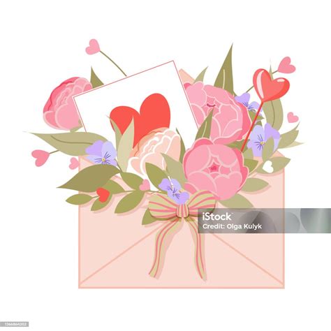 봄 여름 또는 사랑의 메시지와 로맨틱 한 편지 귀여운 봉투 흰색 배경에 격리 꽃 가지 잎 활 하트가 있는 꽃 그림벡터 해피