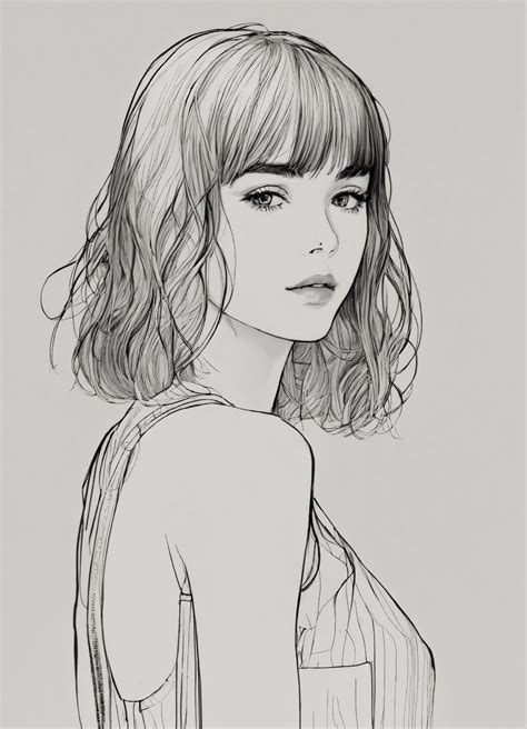 Lexica Black And White Line Drawing Skinny Girl Bob With Bangs