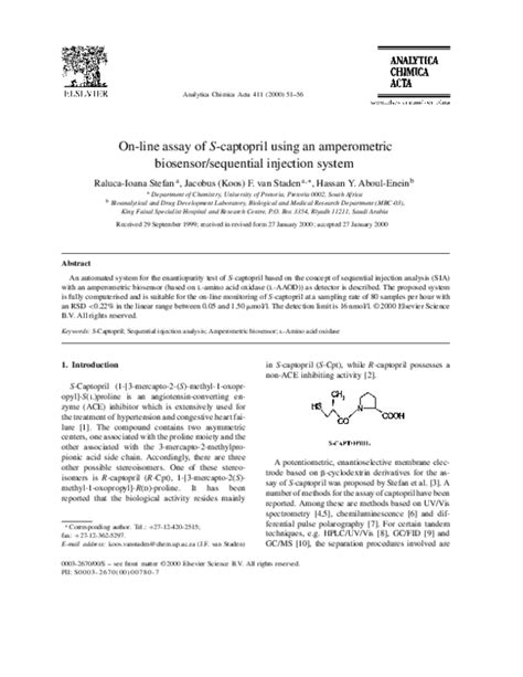 Pdf On Line Assay Of S Captopril Using An Amperometric Biosensor